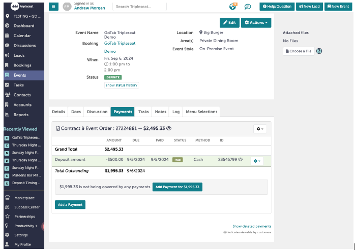 Event Deposit in TripleSeat
